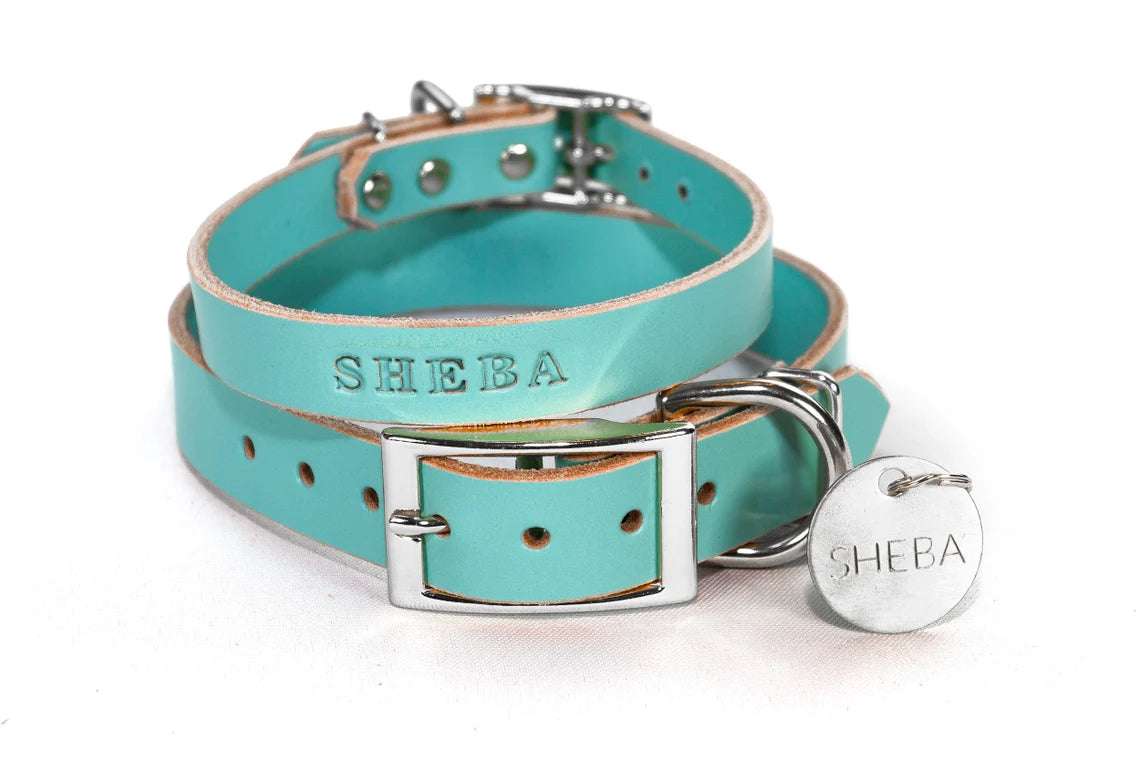 Leather Dog Collar - Nickel / Silver Tone Hanging Tag + Hardware ...
