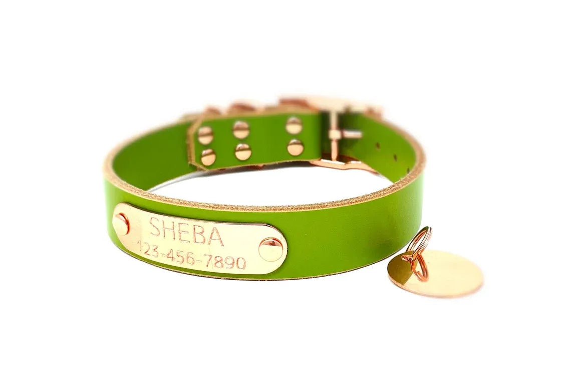 Leather Dog Collar - Copper / Rose Gold Tone Nameplate + Hanging Tag ...
